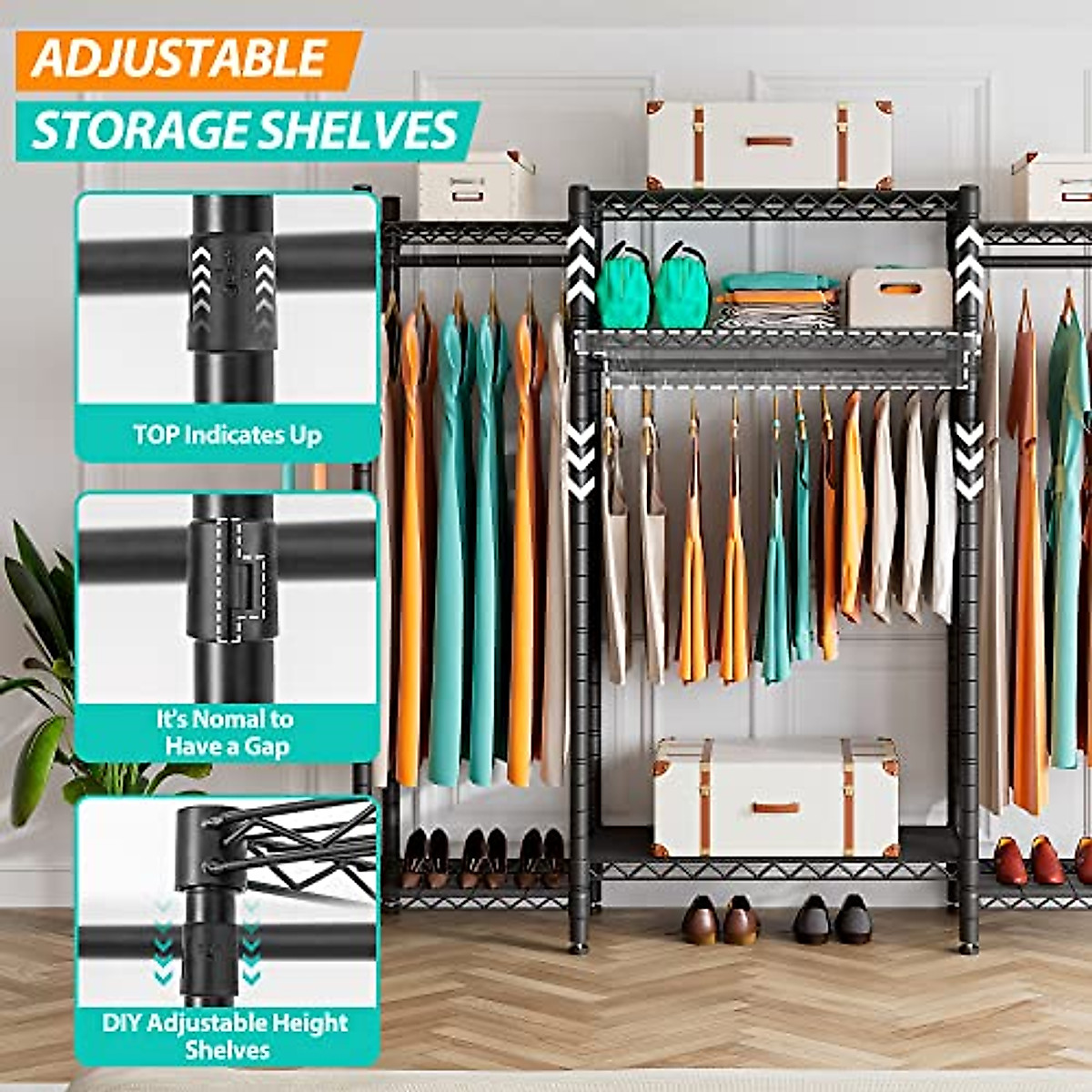 PUNION Clothing Rack Heavy Duty Clothes Rack, L Shaped Pro Garment Rack with 7 Shelves, Sturdy Metal Wardrobe Closet Rack for Hanging Clothes, 56" L x 14" W x 71" H, Max Load 520lbs, Black, GR7L