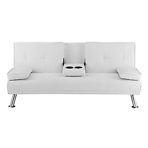 Naomi Home White Faux Leather Futon Sofa Bed, 3-Position Reclining Small Couch with Armrest, 2 Cupholders, 500 lbs Weight Capacity, Living Room