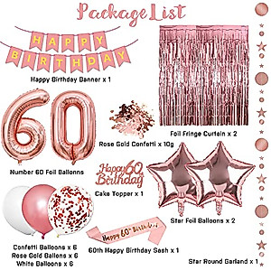 Yawagor 29 Pieces Rose Gold 60th Birthday Decorations for Women, Happy Birthday Decor Set-60th Birthday Anniversary Foil Balloons, Sash, Cake Topper, Fringe Curtains for Home Indoor Party Supplies
