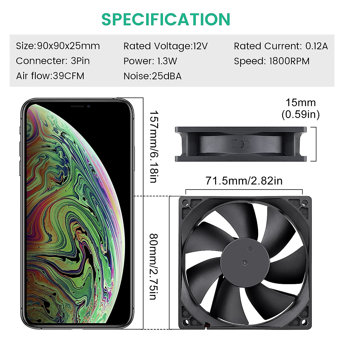 Wathai 12V 92mm 92x25mm DC Brushless Cooling Fan 3Pin High Perfomance for Computer case, Wine Fridge, Inverter DIY Ventilation Exhaust Projects 2 Pack