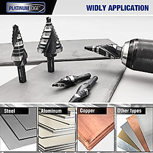 PLATINUMEDGE Step Drill Bits Set, 5 Pieces SAE, High Speed Steel Step Bits with 50 Total Step Sizes, Double Flute Cutting Blades, Nitride Black Coating and Polished