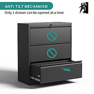 BIZOEIRON 3 Drawer Lateral File Cabinet with Lock, Metal Filing Cabinets for Home Office, Steel Storage Wide File Cabinet for Letter/Legal/F4/A4 Size with Hanging Bars(Black)