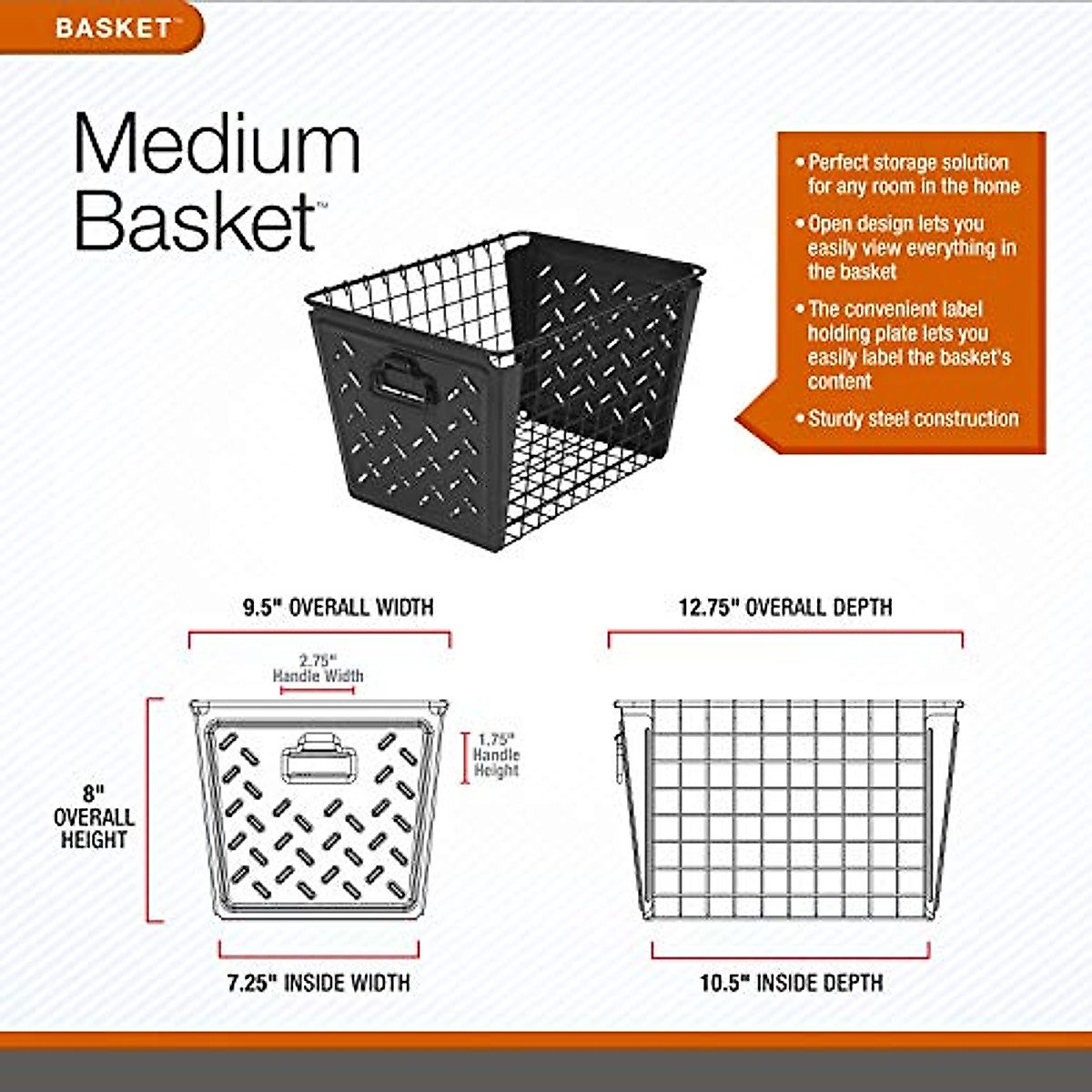 Spectrum Diversified Macklin, Stamped Steel & Wire Basket for Closet & Cubby Storage Vintage-Inspired Design with Customizable Label Plate, Medium, Industrial Gray