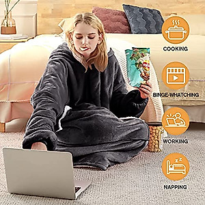 yescool Oversized Wearable Blanket Hoodie, Flannel Sherpa Fleece Blanket Sweatshirt for Adults Women Men, Big Plush Cozy Hooded Blanket with Hood, Pocket & Sleeves, One Size Fits All (Grey)