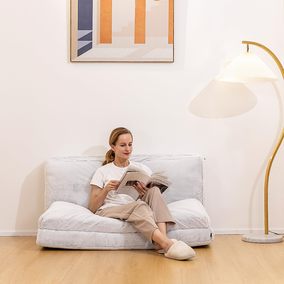 Zekeoney Folding Matress Sofa Bean Bag Sofa Bed, Foam Filling Wall Sofa Beanbag Couch Bed Soft Faux Fur Floor Sofa with Removable Cover for Living Room, Bedroom (White)