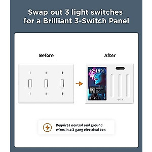Brilliant Smart Home Control (3-Switch Panel) — Alexa Built-In & Compatible with Ring, Sonos, Hue, Google Nest, Wemo, SmartThings, Apple HomeKit — In-Wall Touchscreen Control for Lights, Music, & More