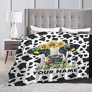 KSUPER Custom Cow Print Blanket with Name Text Personalized Cow Print Bedding Throw Blankets for Sofa Girls Kids Adults Daughter Mom Christmas Valentine's Day Birthday Gifts