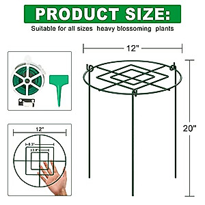 CKE 10 Pack 4mm 18 Inches Peony Cages Plant Support Plant Stakes Grow Through Grid Plant Supports Grow Through Hoops, Metal Peony Support Ring Plant Brace Flower Support Ring for Heavy Blossom 12"x18"