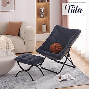 Tiita Saucer Chair with Ottoman, Soft Faux Fur Oversized Folding Accent Chair,Lounge Lazy Chair, Metal Frame Moon Chair for Bedroom, Living Room, Dorm Rooms, Garden and Courtyard