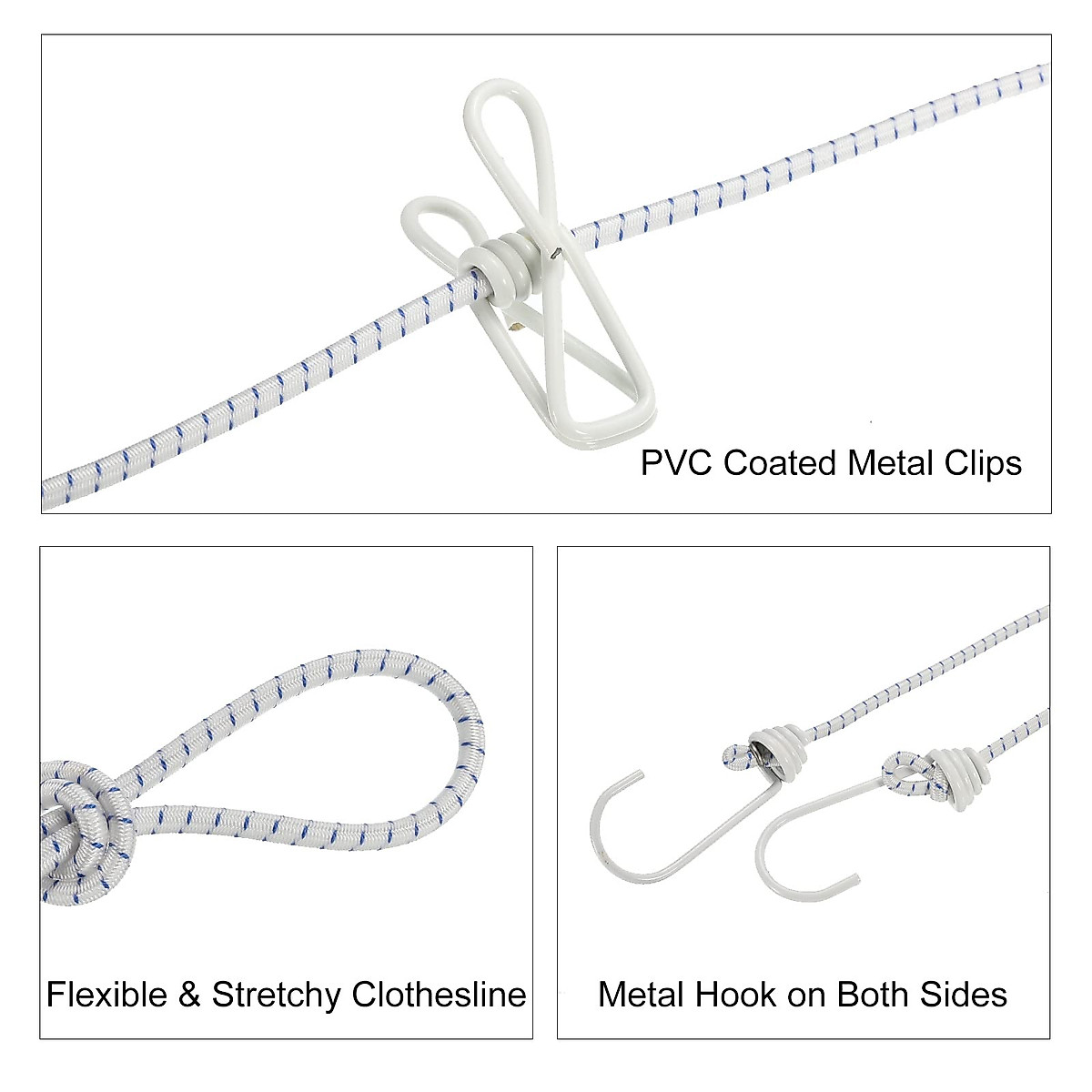 uxcell Travel Clothesline, Portable Clothesline with 12 Clothespins, 1.85M/6.07ft Windproof Stretchy Elastic Laundry Clothes Line for Backyard Hotel Camping Indoor Outdoor, White