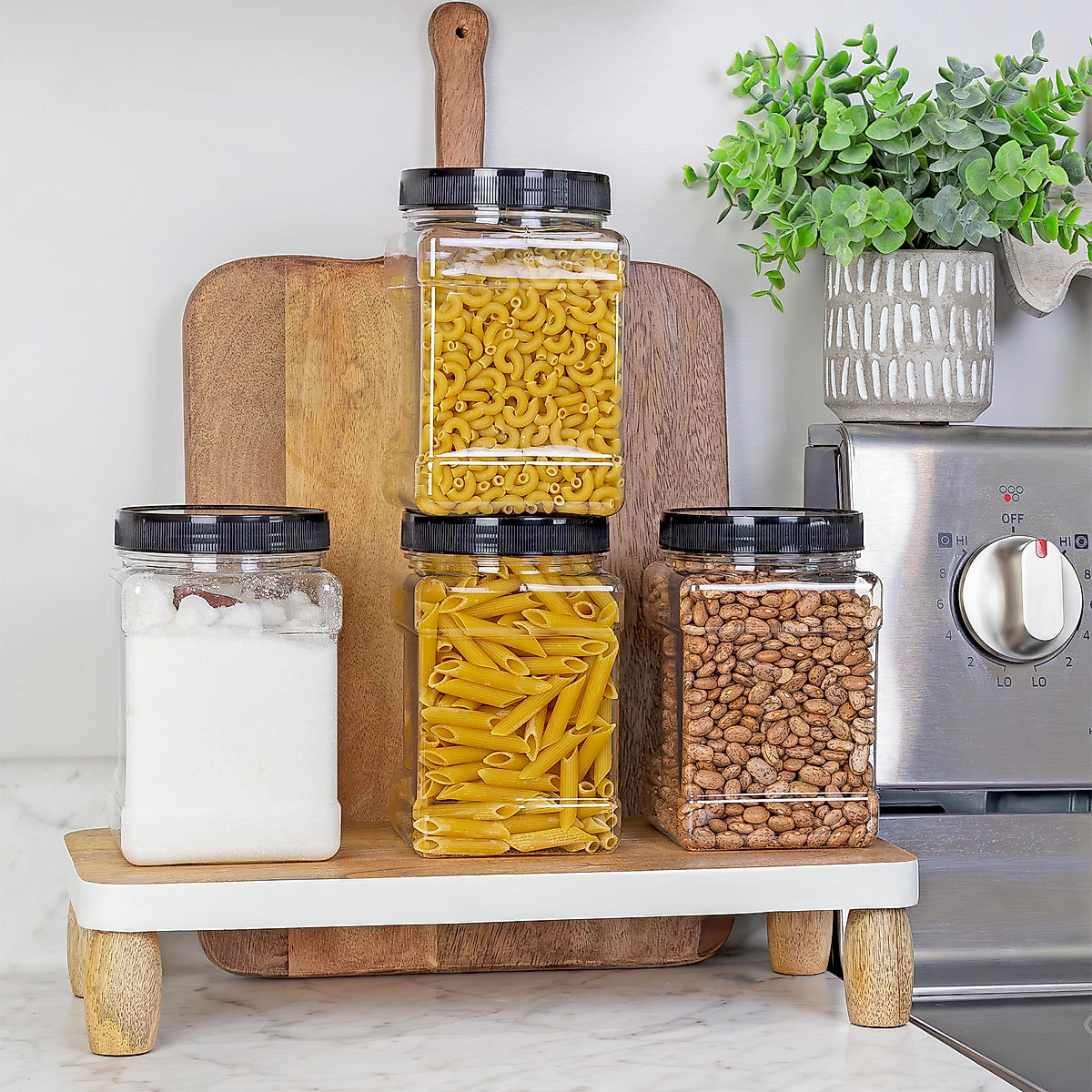 32oz Square Plastic Jars (4-Pack, Quart); Clear Rectangular 4-Cup Canisters w/Black Lids, Easy-Grip Side