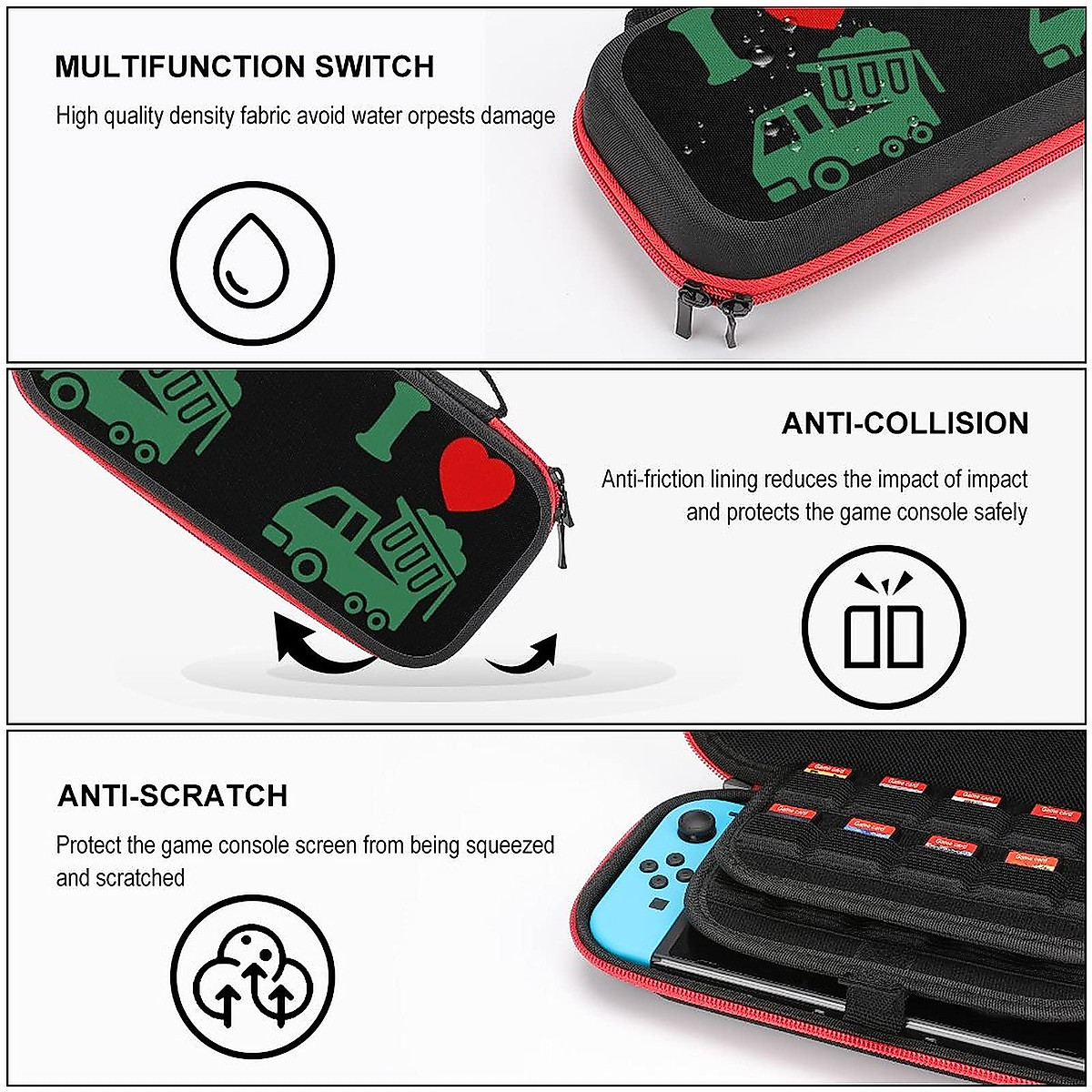 I Heart Love Trash Garbage Trucks Carrying Storage Cases for Nintendo Switch Protective Portable Hard Shell Pouch Carrying Travel Game Bag