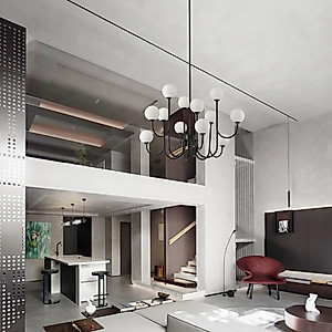 QUOOBE Modern Mid Centur Black 12 Light Chandeliers with Glass Globe,Large Sputnik Metal Ceiling Pendant Light Fixture for Living Room Dining Room Bedroom Kitchen Staircase Office