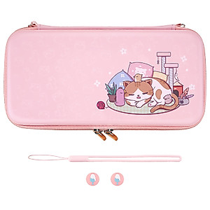 eXtremeRate PlayVital Pink Cute Carrying Case for Nintendo Switch Lite, Thumb Grip Caps + Kitten & Chicken Slim Travel Case for Switch Lite, Portable Hardshell Girl Storage Bag Game Accessories
