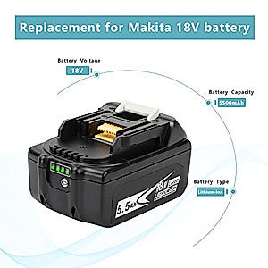 DEWQKI 2 Pack 18V 5.5Ah BL1850B Battery Replacement for Makita 18V Battery Compatible with Makita 18v Tools,Fit with Makita 18V Battery Charger