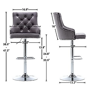 BTEXPERT Set of 2 Premium upholstered Dining 25" - 33" Adjustable High Back Stool Bar Chairs, Gray Tufted Nailhead Trim, (5153GR-2)