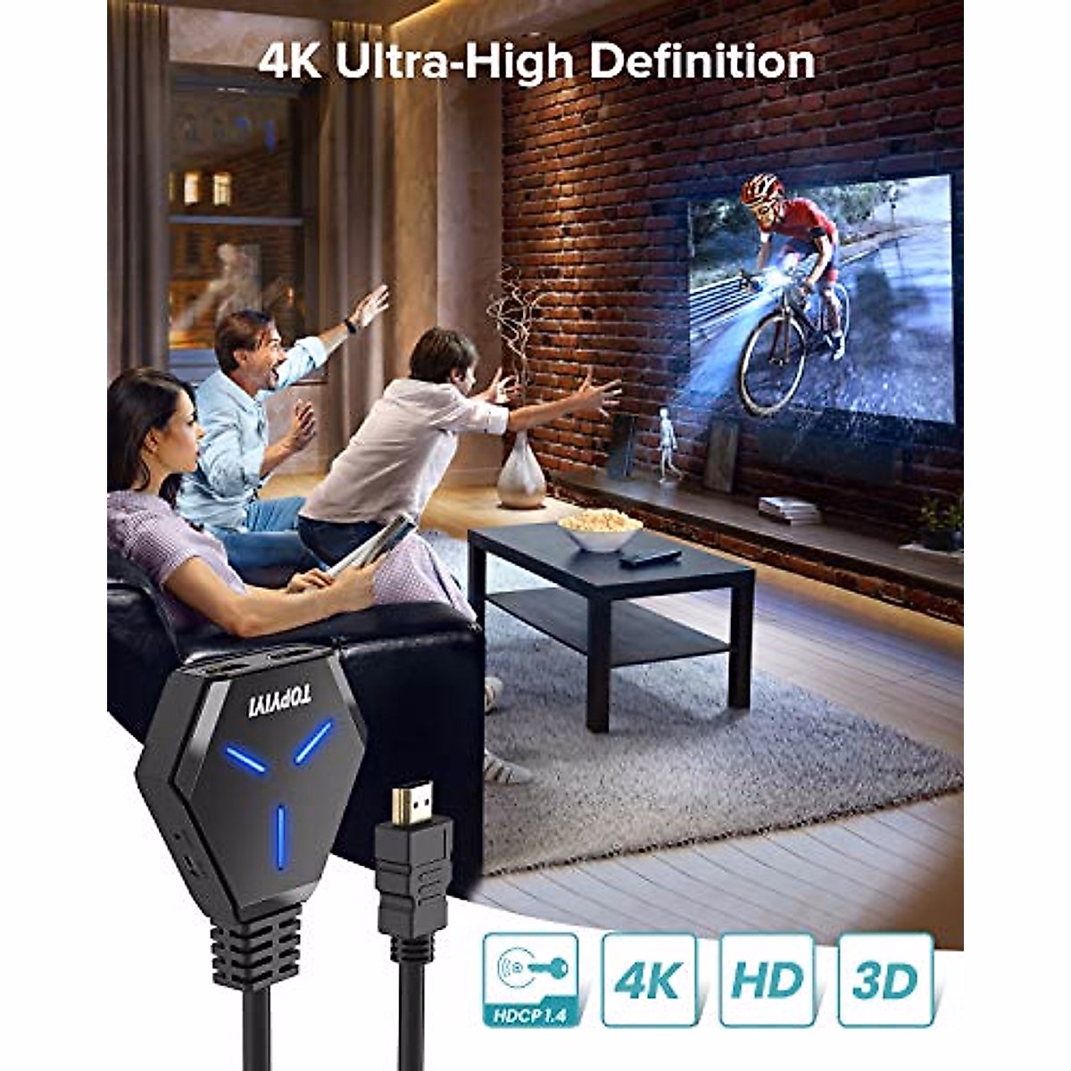 HDMI Splitter 1 in 2 Out, TOPYIYI 4K HDMI Splitter for Dual Monitors with Pigtail HDMI Cable, HDCP1.4 Bypass, Supports 4K@30Hz 3D 1080P for Xbox PS4 PS3 Blu-Ray Player Fire Stick Cable Box