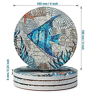 8 Pieces Stone Coasters with Holder for Drinks, Cork Base Ocean Beach Theme Tropical, for Housewarming, Apartment Kitchen Room Bar Decor, Funny Birthday, Wooden Table