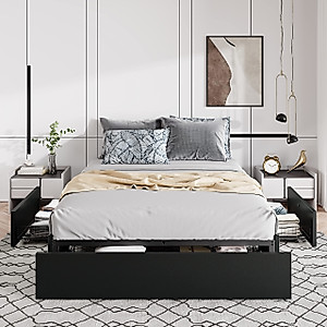 Allewie Full Size Platform Bed Frame with 3 Storage Drawers, Faux Leather Upholstered, Wooden Slats Support, No Box Spring Needed, Easy Assembly, Black