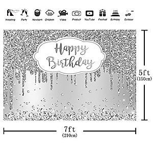 Aperturee 7x5ft Silver Happy Birthday Backdrop Glitter Diamonds Girls Sweet 16 18th 21st 30th 40th 50th Women Photography Background Banner Supplies Photo Booth Studio Props Party Decoration