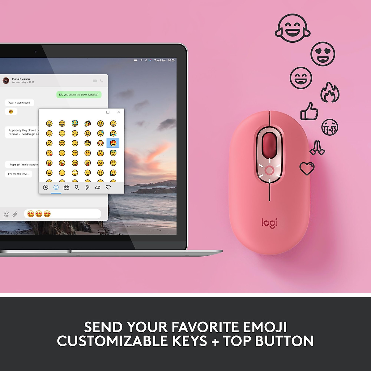 Logitech POP Wireless Mouse and POP Keys Mechanical Keyboard Combo - Customisable Emojis, SilentTouch, Precision/Speed Scroll, Bluetooth, Multi-Device, OS Compatible - Heartbreaker Rose