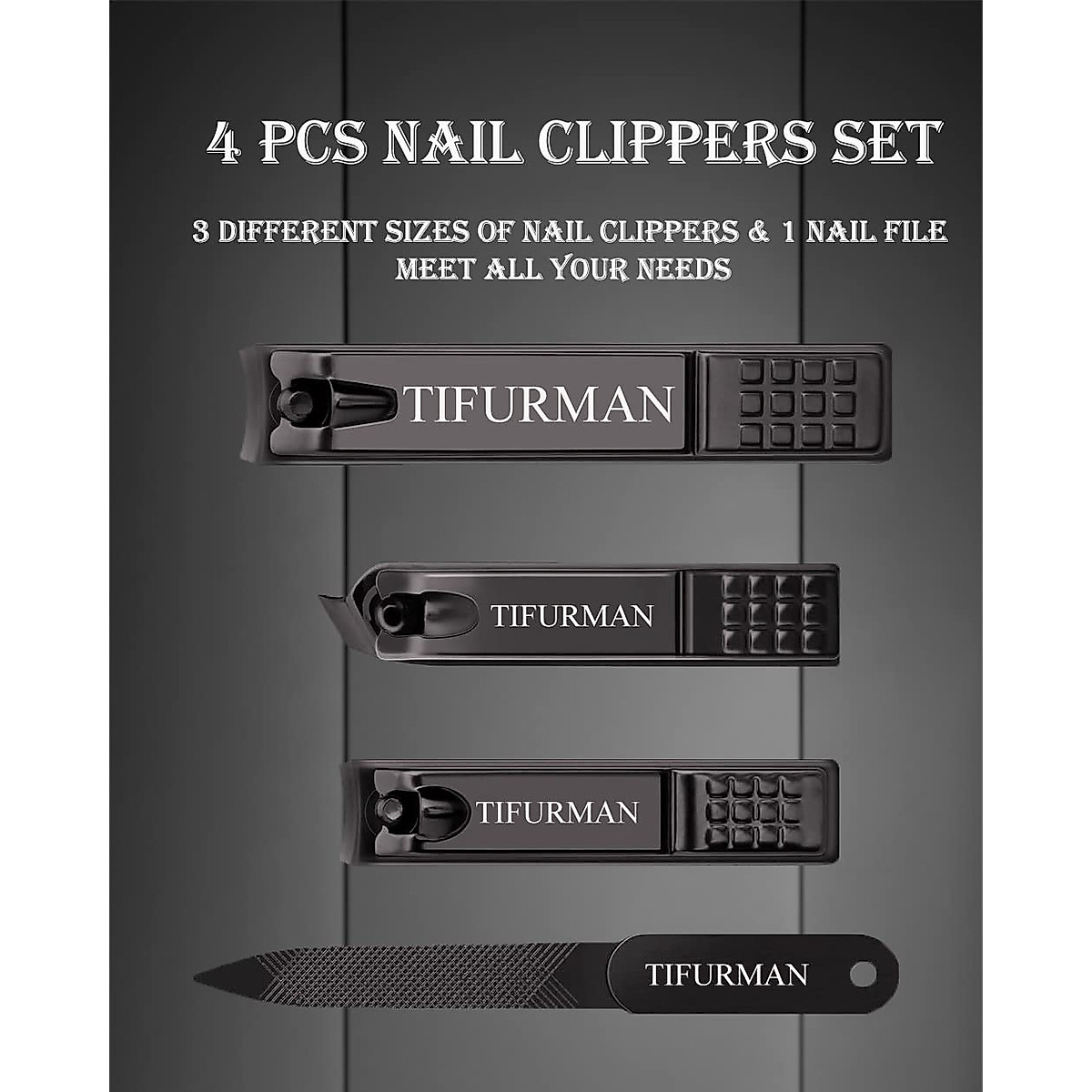 Nail Clippers Set, TIFURMAN Stocking Stuffers, Fingernail & Thick Toenail & Ingrown Nail Clippers & Nail File, Perfect 4 pcs Nail Clippers Cutter for Men and Women(Black)