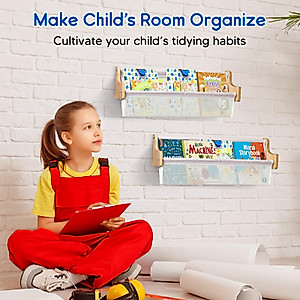Kids Bookshelf, Nursery Book Shelves Set of 4, Wood Floating Book Shelf for Kids Rooms, Kids Book Rack Storage Bookshelf with Deep Sleeves for Kids Bedroom Toddler Room Decor Book and Toy Organizer