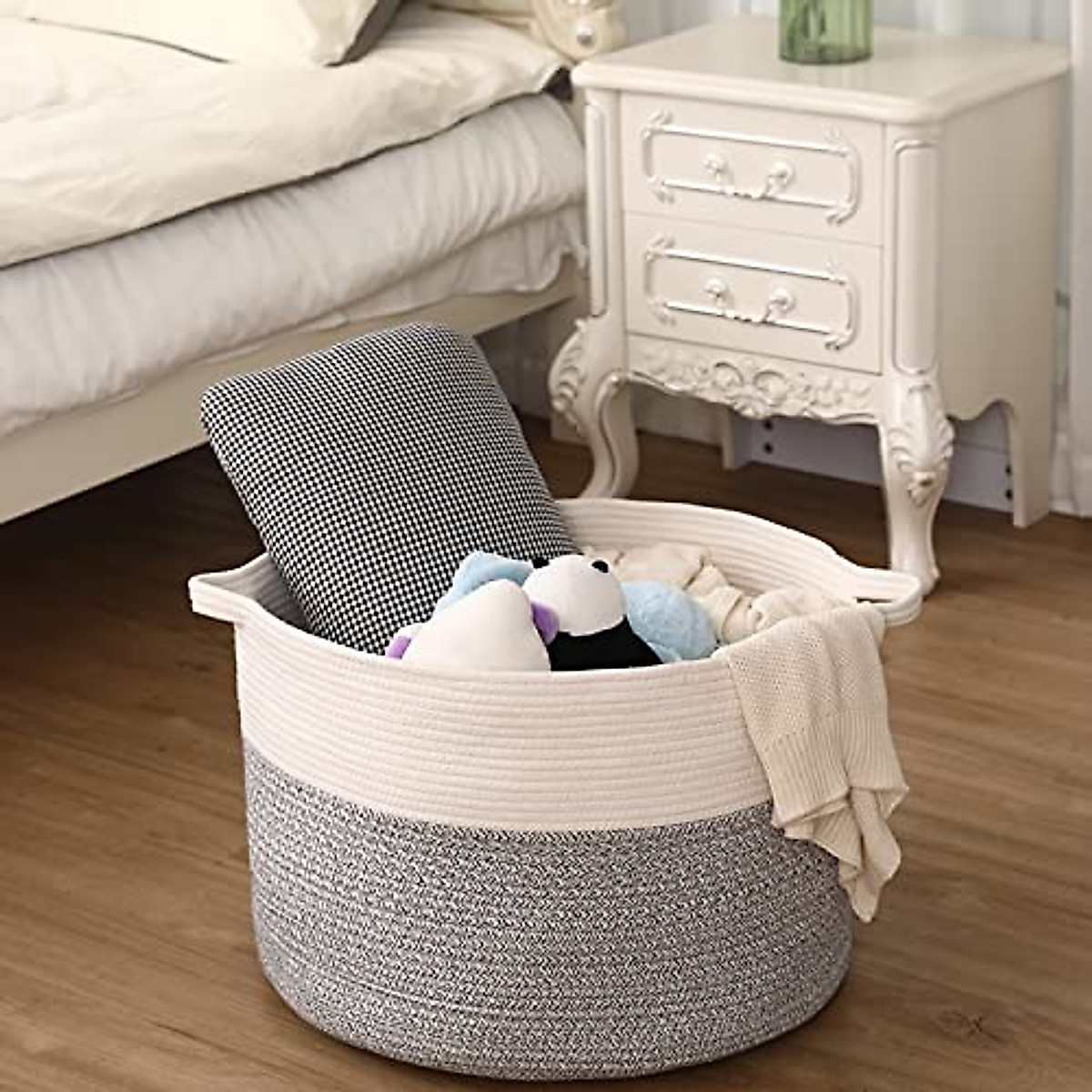 TONGXIN Large Laundry Basket Woven Cotton Rope Laundry Hamper 21.7"x13.8" Woven Baby Laundry Blanket Basket Toy Basket with Handle Storage Comforter Cushions Thread Laundry Hamper grey