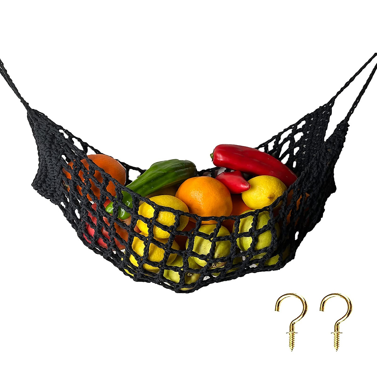 Large Macrame Fruit Hammock Under Cabinet,Veggie Banana Hammock Hanging Fruit Basket,Saves Counter Space for Kitchen Boat Rv Camper (black)