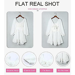 Dokotoo Square Neck Summer Dress for Women 2025 Tie Back Elastic Waist Lantern Long Sleeve Dress Ruffle A-Line White Dress Casual Sexy Mini Dress Beach Vacation Clothes Small White