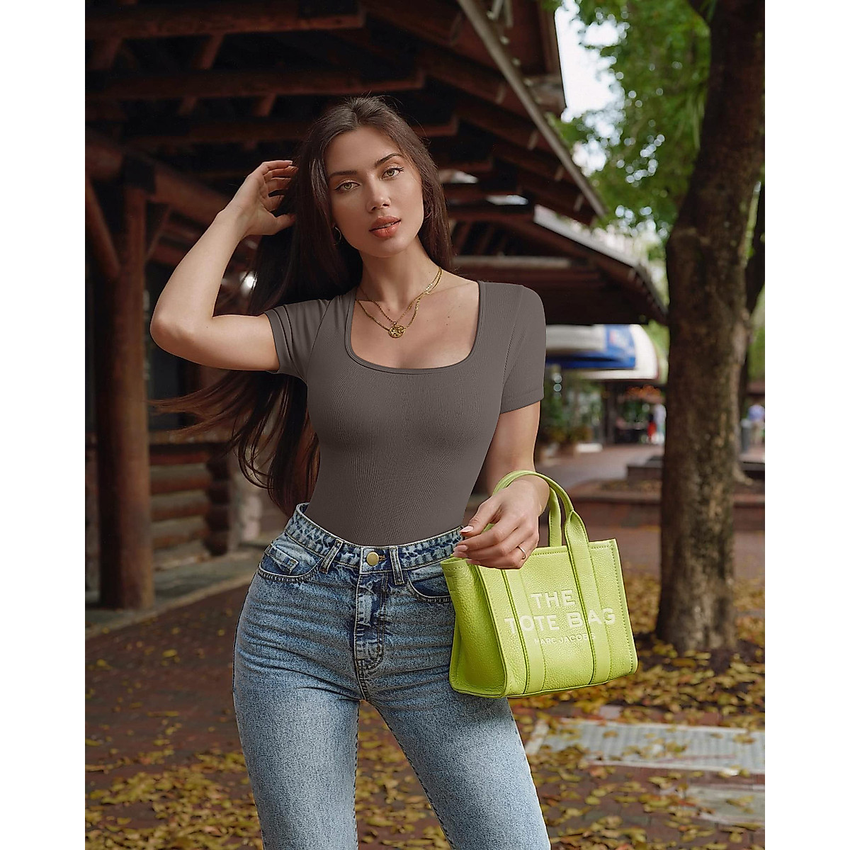 OQQ Women's 2 Piece Bodysuits Sexy Ribbed One Piece Square Neck Short Sleeve Bodysuits Tea leaf Beige