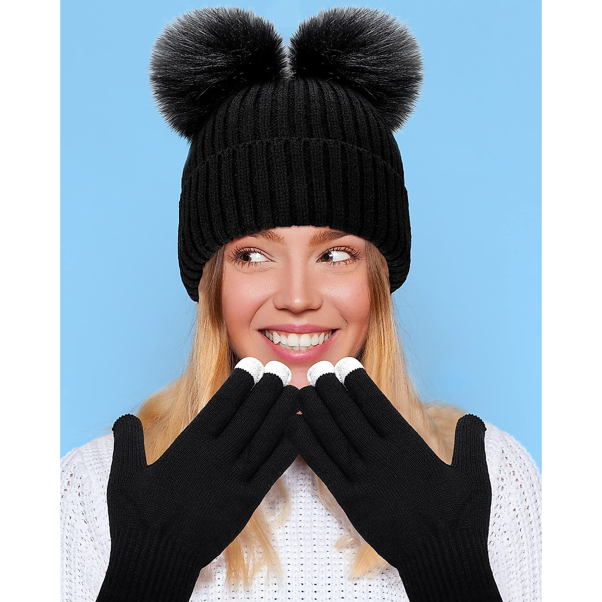 2 Pieces Satin Lined Winter Hats Women Pom Beanies Winter Knitted Pom Hat Touchscreen Gloves Set for Women Girls