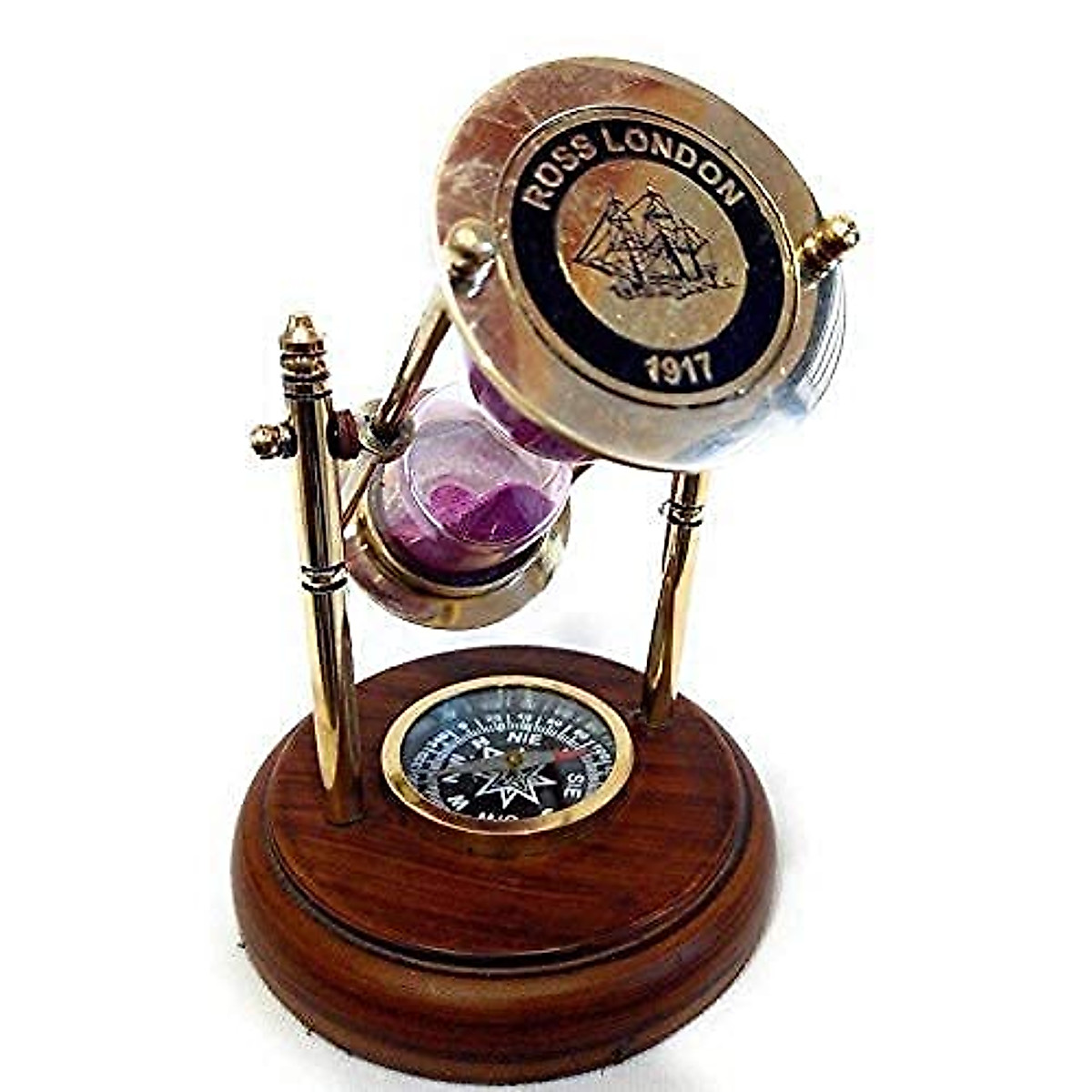 Unique Nautical Brass Sand Timer Nautical Wooden Base 5 Minutes Hour Glass for Gift (Purple)