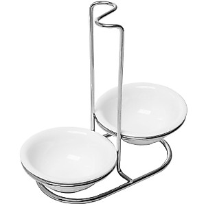 MyGift Set of 2 Ceramic Spoon Rest, Upright Ladle Holder Ceramic Dish with Silver Stainless Steel Rack