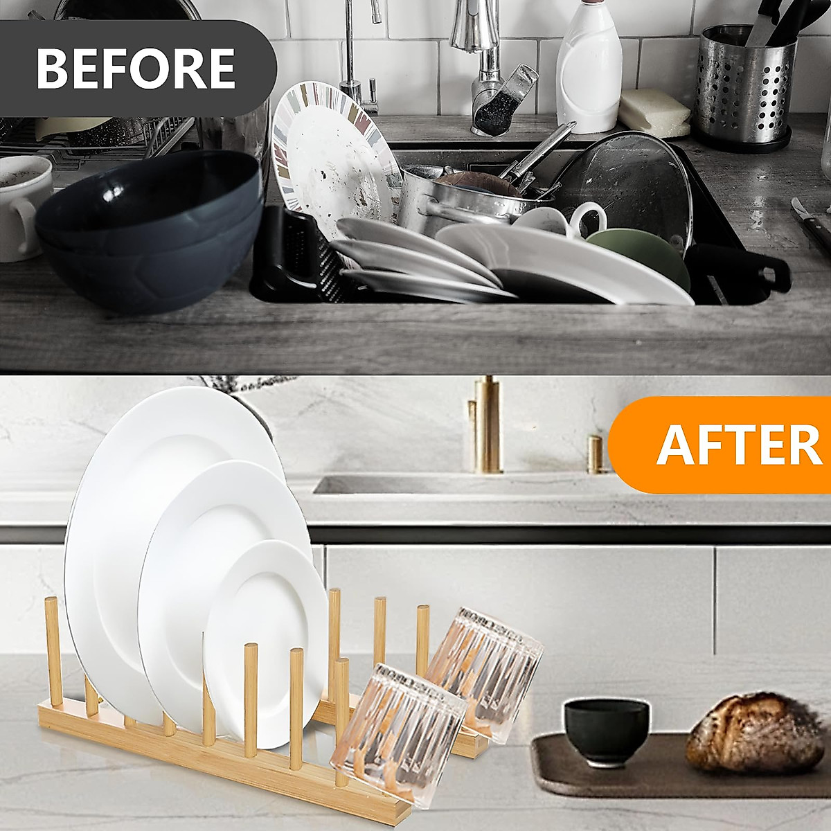 SAMEBUTECO Bamboo Wooden Dish Racks Plate Stand Holder Kitchen Cabinet Organizer 8 Slots Dish, Pots, Lids, Bowls, Cups, and Cutting Boards and Books Vertical Drainer