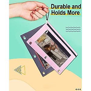 Pencil Pouch for 3 Ring Binder, 2 PCS Double Layer Binder Pencil Case with Zipper Puller, Transparent PVC Mesh Window Oxford Pencil Holder 3 Ring Binder Pencil Cases, Smooth Metal Zipper Pencil Pouches Set for School& Office Supplies