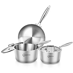 LOLYKITCH Whole Body Tri-Ply Stainless Steel 10 Inch Frying pan & 1.5QT 3QT Saucepan Cookware set of 5