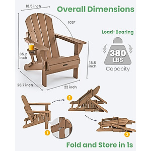 Ciokea Folding Adirondack Chair Wood Texture, Patio Adirondack Chair Weather Resistant, Plastic Fire Pit Chair with Cup Holder, Lawn Chair for Outdoor Porch Garden Backyard Deck (Teak)