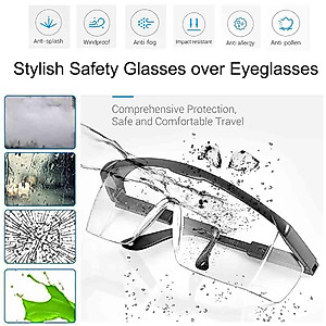 mozeeda Safety Glasses Men Women Clear Safety Glasses Goggles Over Eyeglasses, Z87 UV 400 Anti-fog Adjustable Temples Protection Goggles for Nurse,Eyewear Anti-Scratch with Temple for Lab