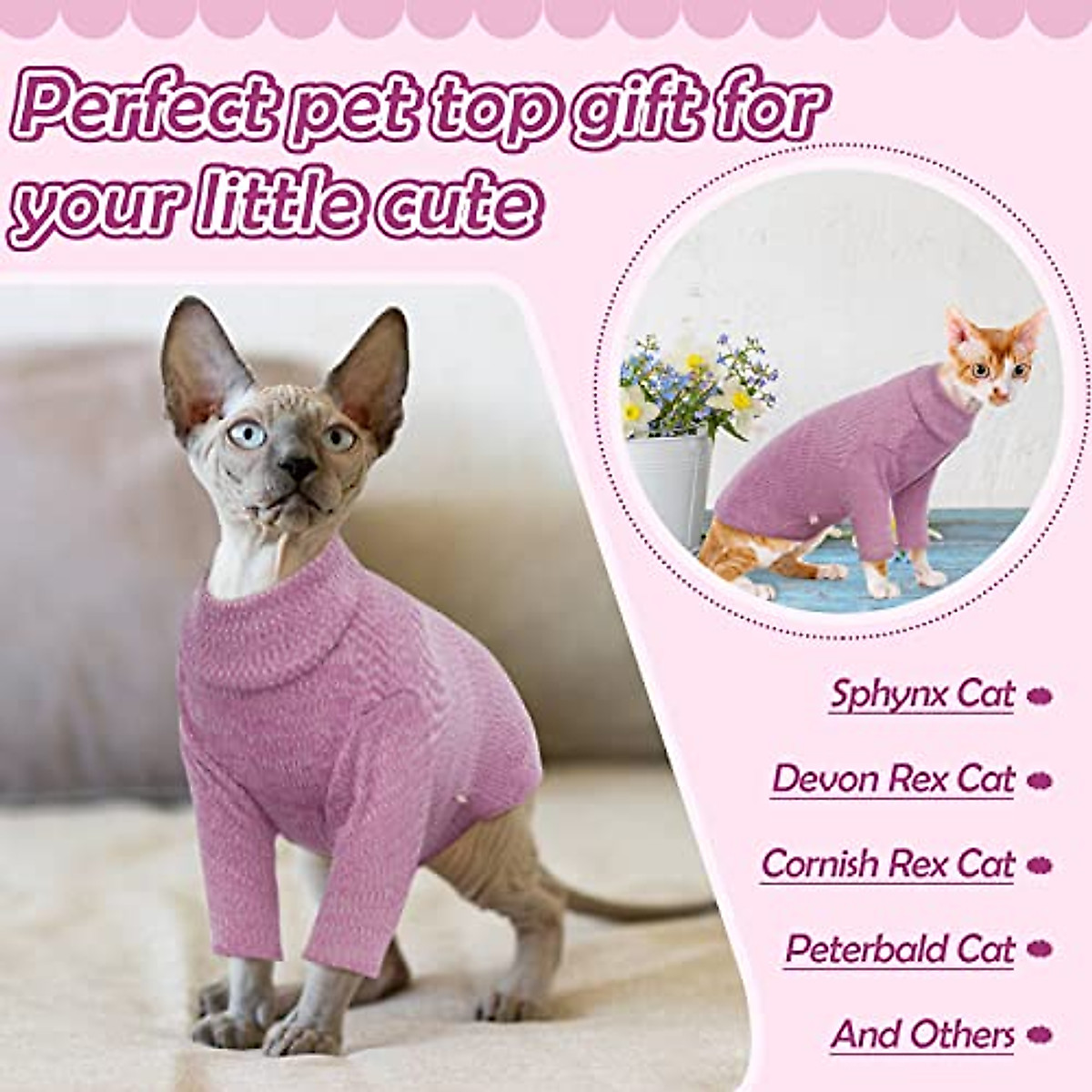 DENTRUN Sphynx Hairless Cats Shirt Pullover Kitten T-Shirts, Breathable Cat Wear Turtleneck Sweater Adorable Cat's Clothes Vest Pajamas Jumpsuit