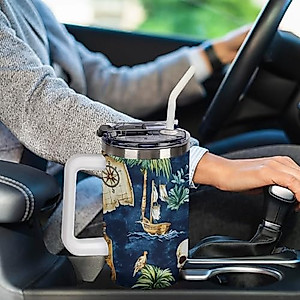 Skull Sailing Ship Parrot Coconut Tree 40oz Water Bottle Double Wall Insulated Tumbler with Handle Leakproof Travel Mug White-style