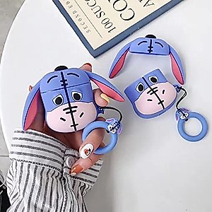 Ultra Thick Soft Silicone Case with Finger Strap for Apple Airpods 1 2 1st 2nd Blue Donkey Eeyore Winnie the Pooh Disney Disneyland Cartoon 3D Cute Lovely Hot Kids Girls Teens Daughter