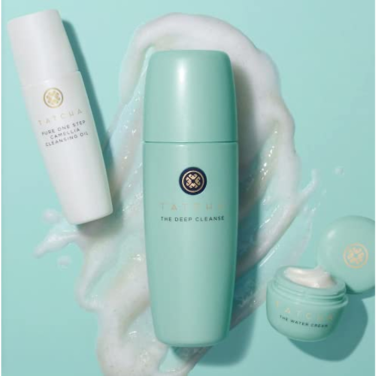 TATCHA Pore-Perfecting Double Cleanser + Hydrate Trio Set: The Deep Cleanse 5 oz, Pure One Step Camellia Cleansing Oil 1.7 oz & The Water Cream 0.33 oz