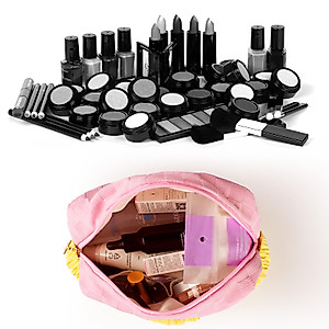 POWERWOO Travel Makeup Bag for Women, Double Layer Cosmetic Bag Organizer Brush bag with upgrade Zipper, Aesthetic Design Ladies Bag, Pink Toiletry Bag as Wedding and Happy New year gift bags