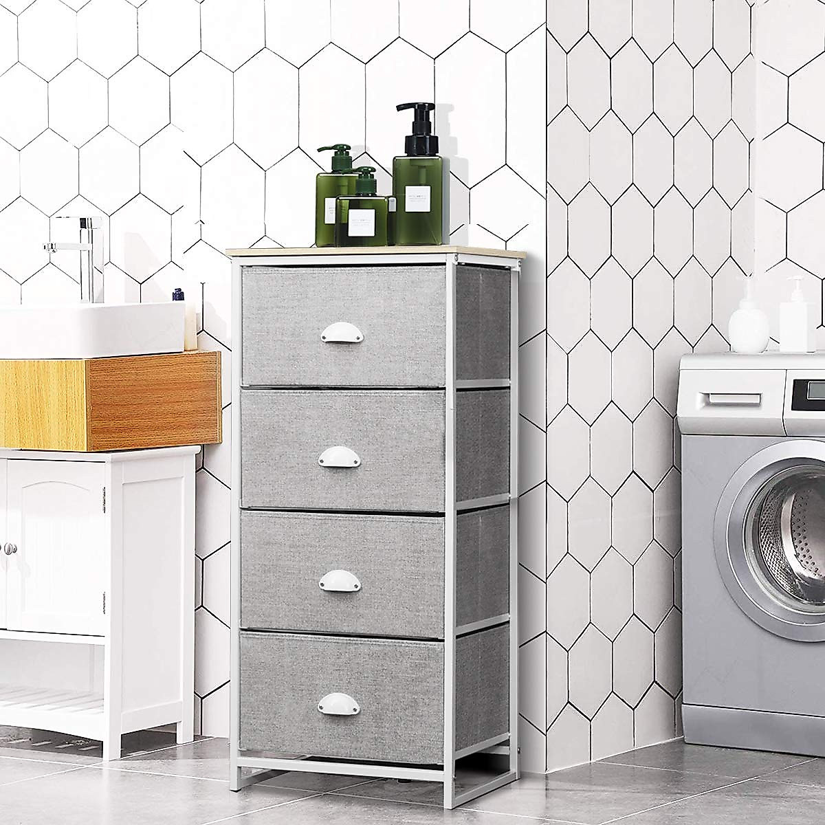 Giantex Dresser Storage Tower Nightstand W/Fabric Drawers, Sturdy Steel Frame and Wood Top Organizer Unit for Bedroom, Living Room, Entryway,Closets End Table Storage Unit (37’’(H), White)