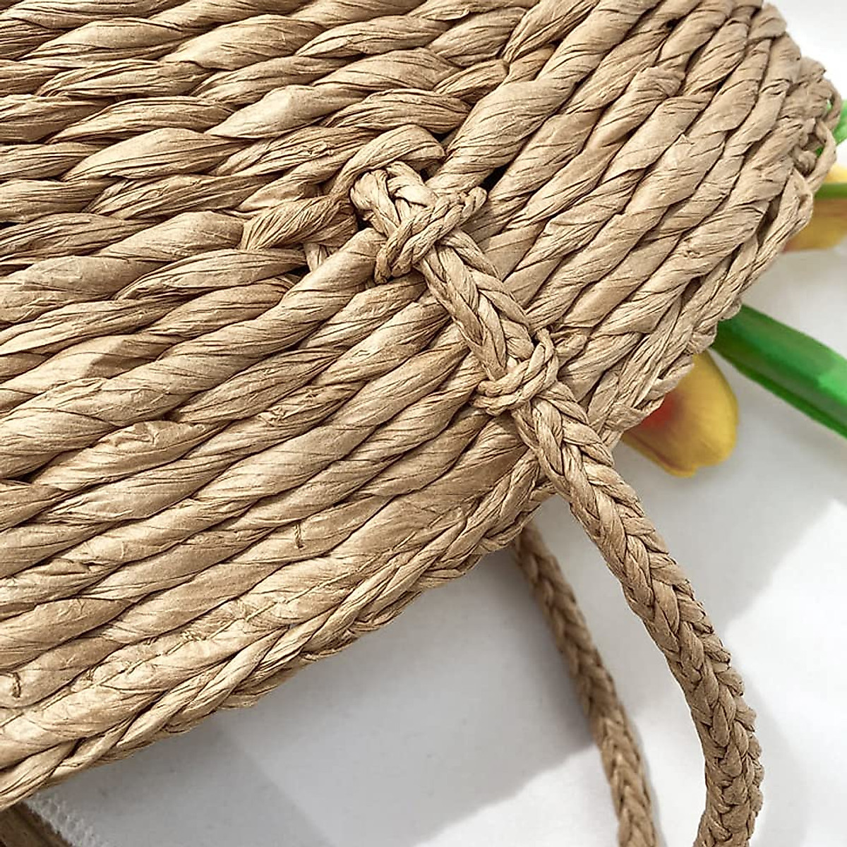 QTKJ Straw bags, Hand-woven Women Summer Retro Straw Tote Bag Pure Colour Straw Beach Shoulder Bag (Khaki)