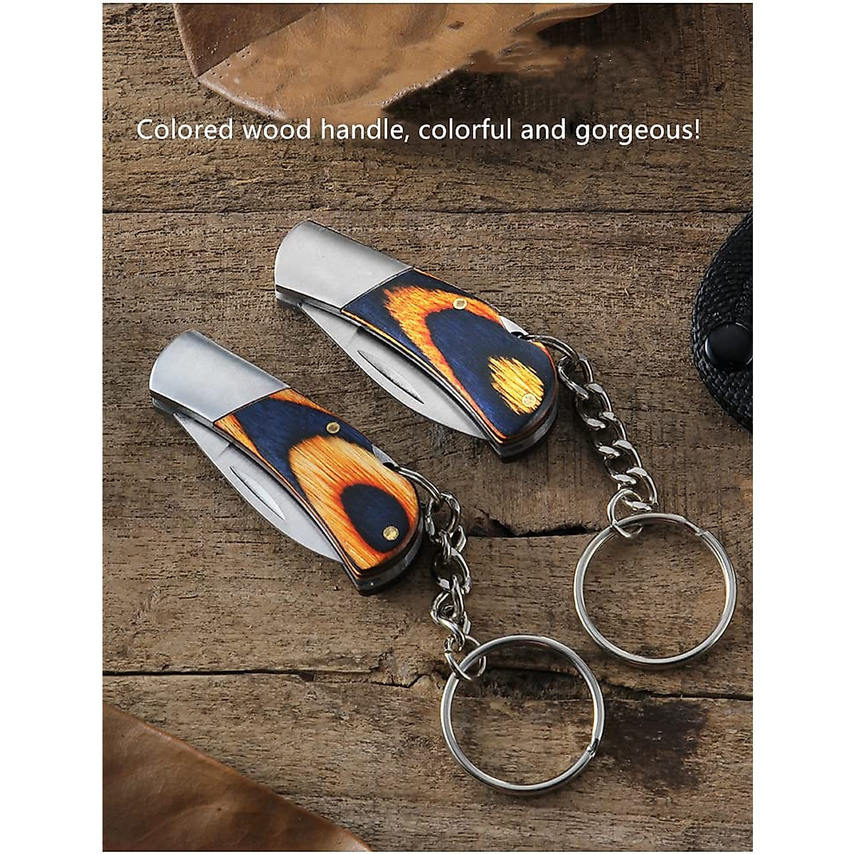 Luvbestaken 2PCS Small Pocket Knife, Mini Keychain Knife, EDC Stainless Steel Knife, Colorful Wood Handle Folding Knife, Blade length 1.5 inch, with Aluminum Gift Box 1