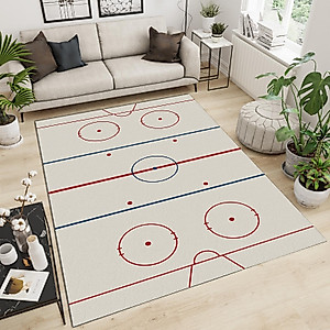 Blue and White Ice Hockey Stadium Area Rug, Simple Ice Hockey Rink Rugs Floor Carpet, Indoor Non-Slip Rug for Room Sofa Living Room Mat Bedroom Home Decor Floor Mats 6ftx9ft