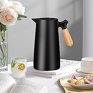 CUDINHAM Thermal Coffee Carafes for Keeping Hot,34oz Large Capacity Thermos for Hot Drinks,24 Hours Heat Retention,Double Wall Vacuum Coffee Thermos with Solid Wood Handle.(Black)