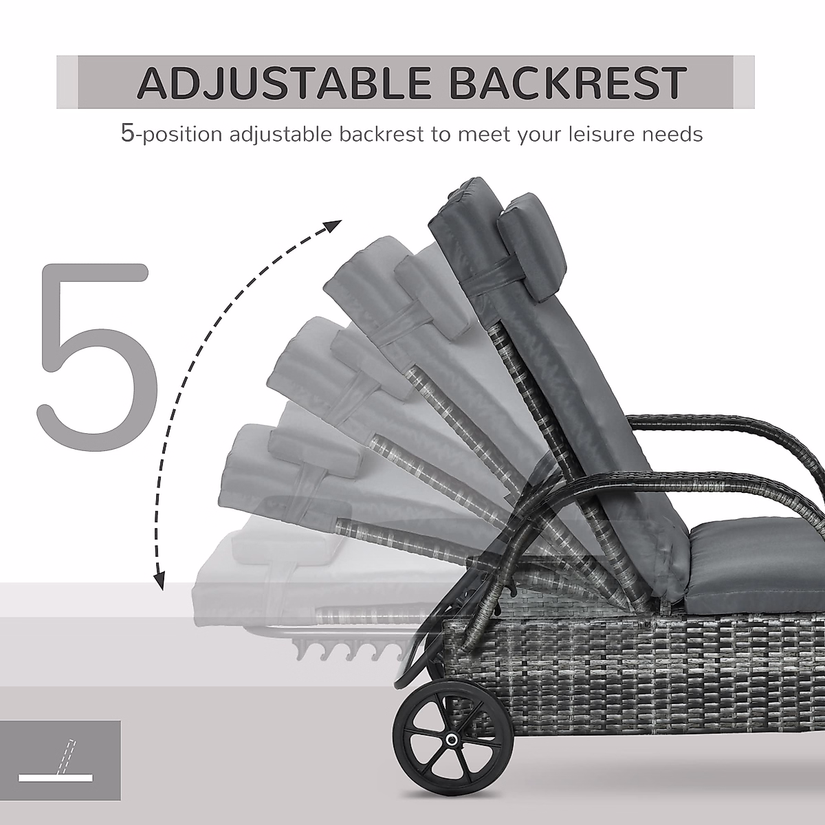 Outsunny Wicker Outdoor Chaise Lounge, 5-Level Adjustable Backrest PE Rattan Pool Lounge Chair with Wheels, Cushion & Headrest, Mixed Gray and Charcoal Gray